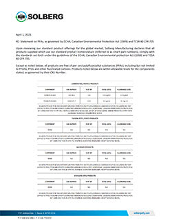 PFA compliance – Solberg Manufacturing, Inc.